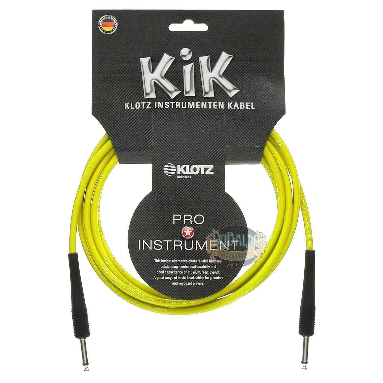 Klotz Cables - KIK Instrument Cable 10ft Yellow | DuBaldo Music Center